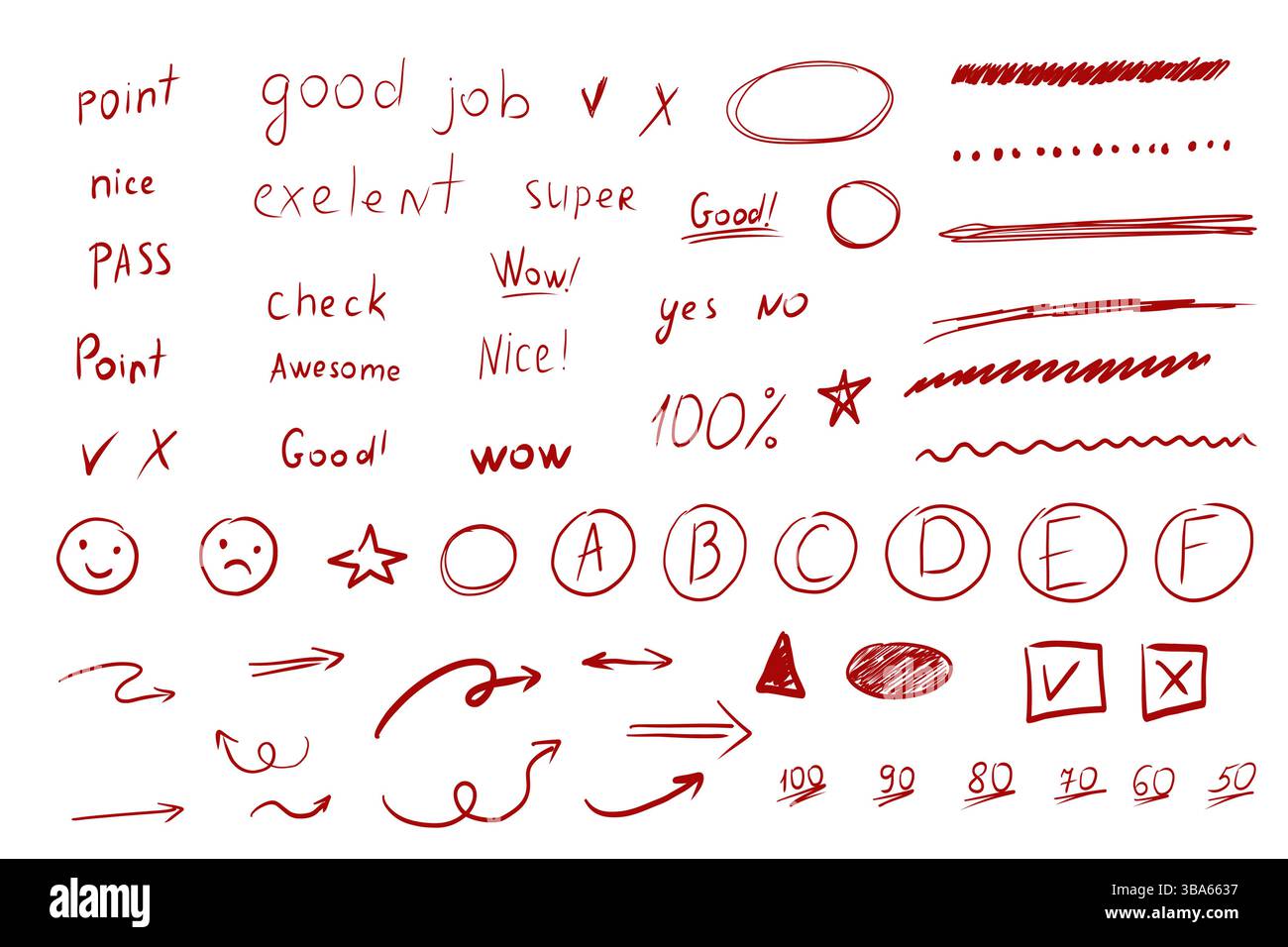Mark point score exam highlight check, arrows and circles hand drawn ...