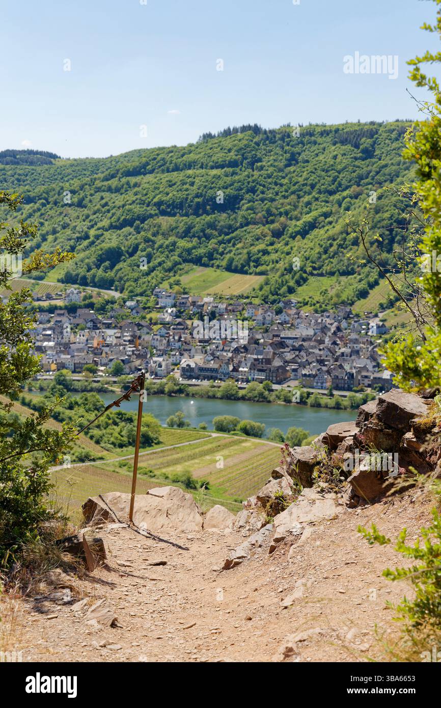 Closeup of the Calmont Klettersteig with the Mosel and the village of ...