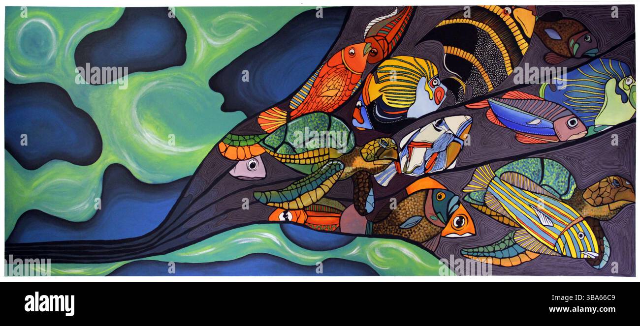 Painting on a wall representing the sea with all the creatures of the ...