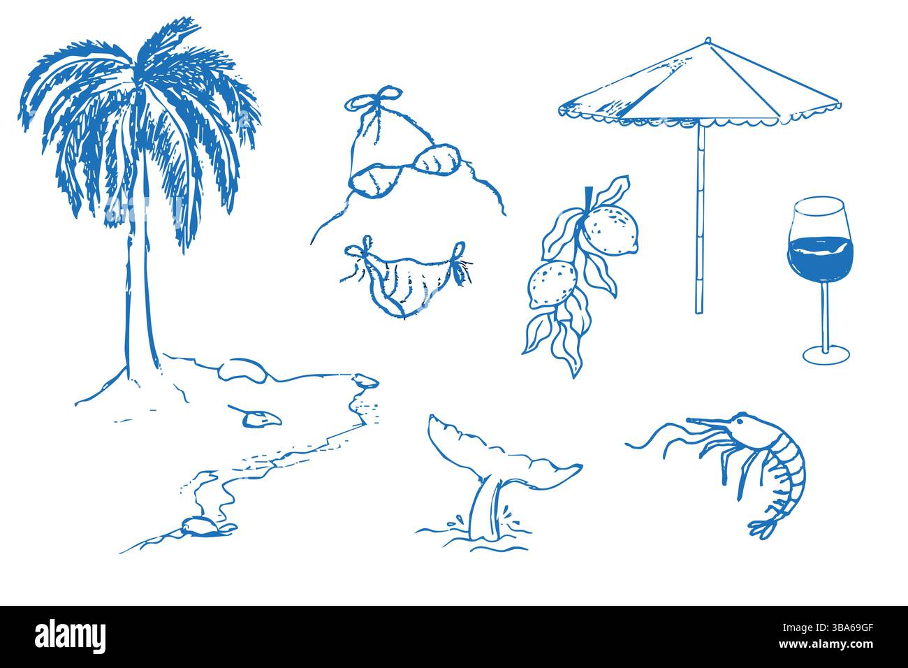 Summer seashore greek sea tourism, rest sketch drawing. Line hand drawn ...