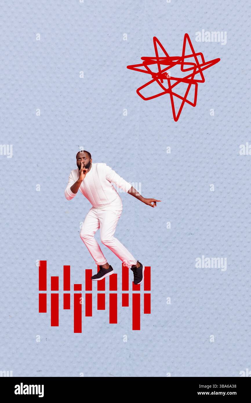 Poster banner collage of young man walking with shh gesture on grey ...