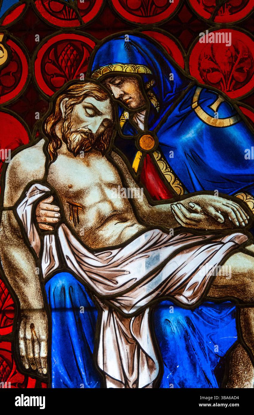 Riotord, France - 05-04-2025: Stained glass (1939) of The Pietà ...