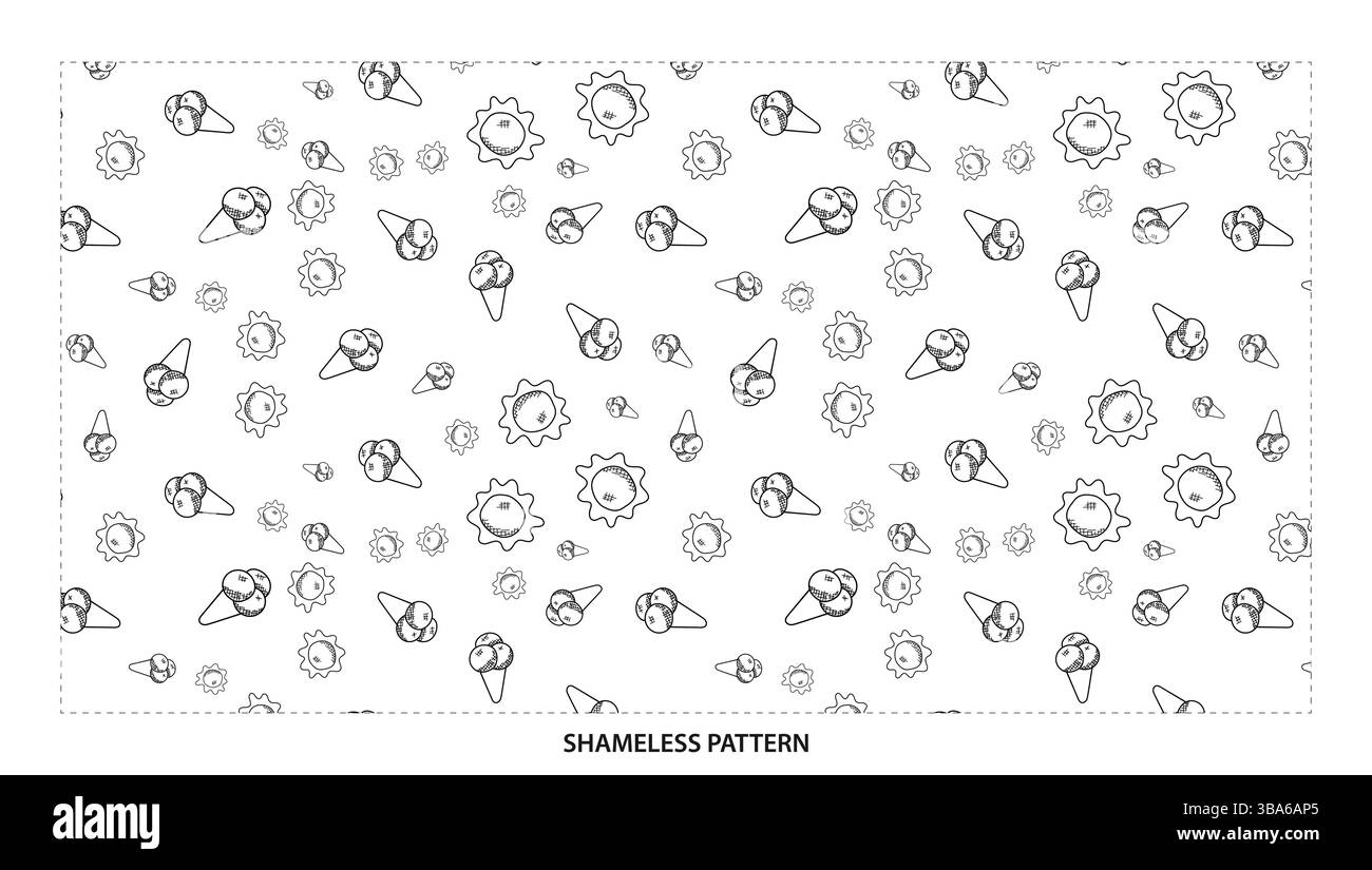 Simple Black Outline Summer Sun and Ice Cream Seamless Pattern Design ...