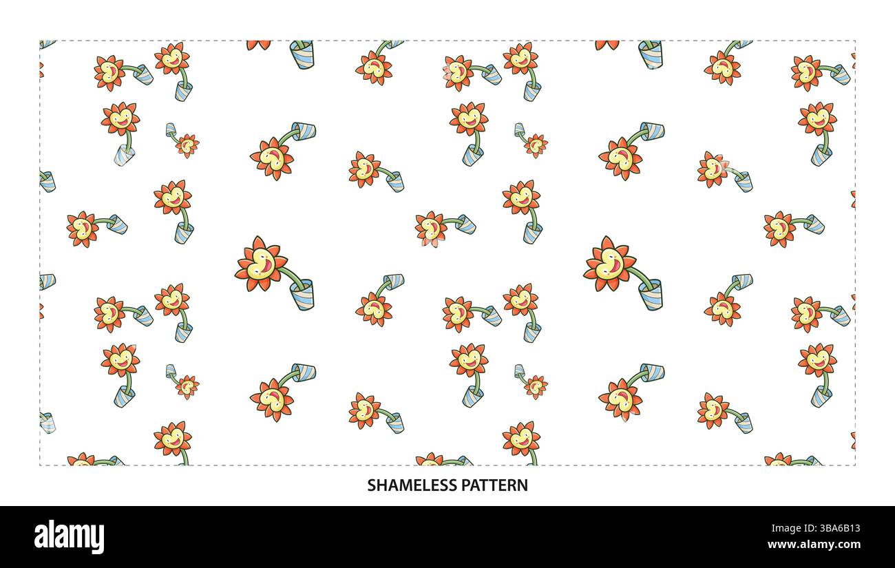 Cute Cartoon Sunflower with Happy Face in Pot Seamless Pattern Design ...