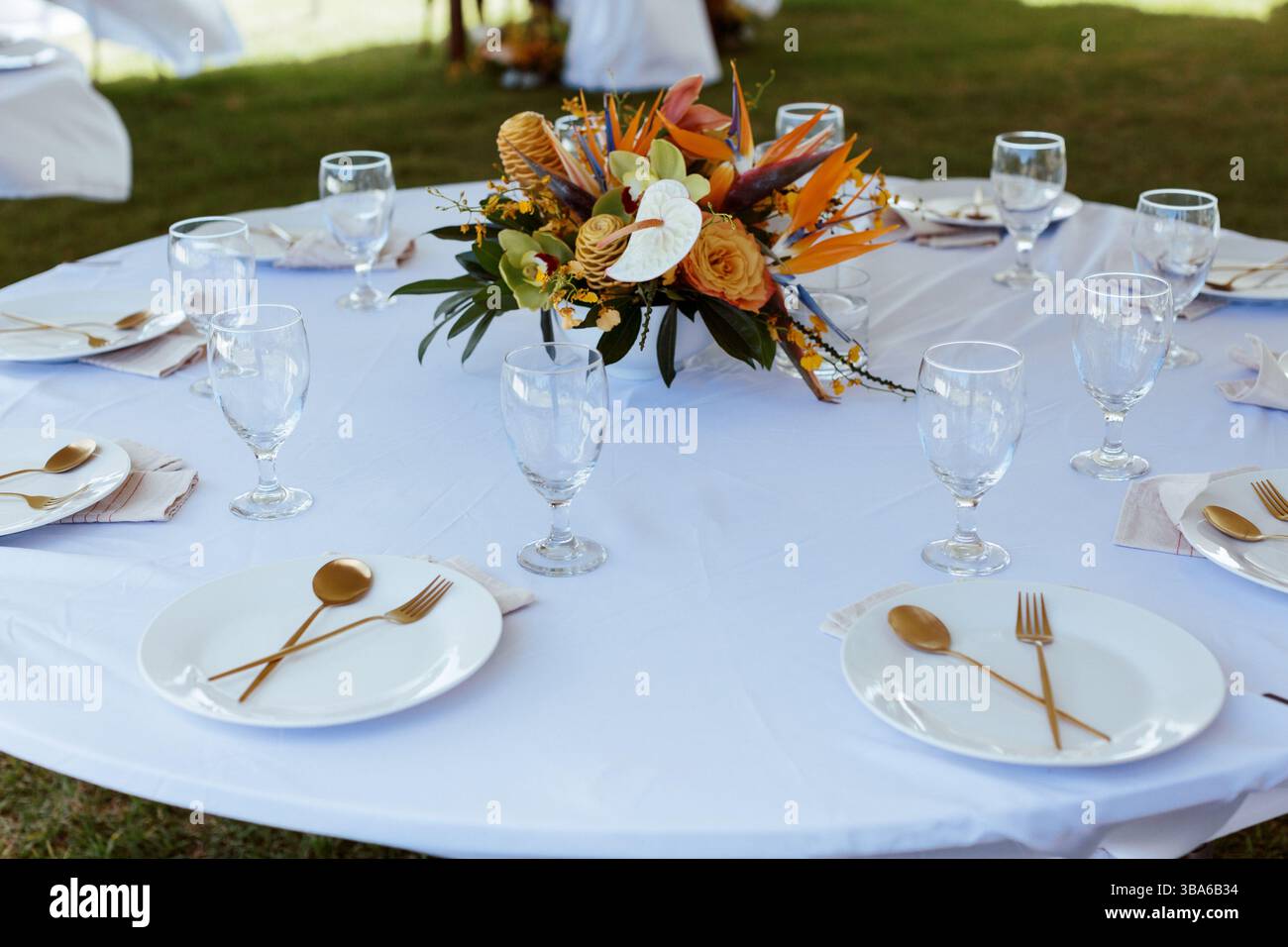 tropical modern wedding table details Stock Photo - Alamy