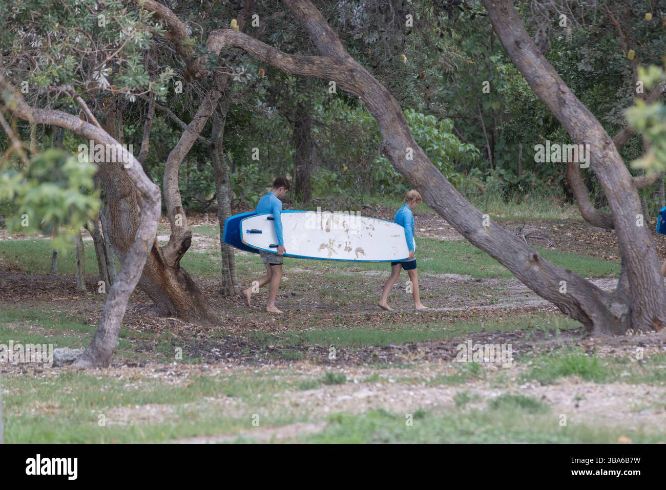 Two Surf Students carry board through forest path from surf session ...