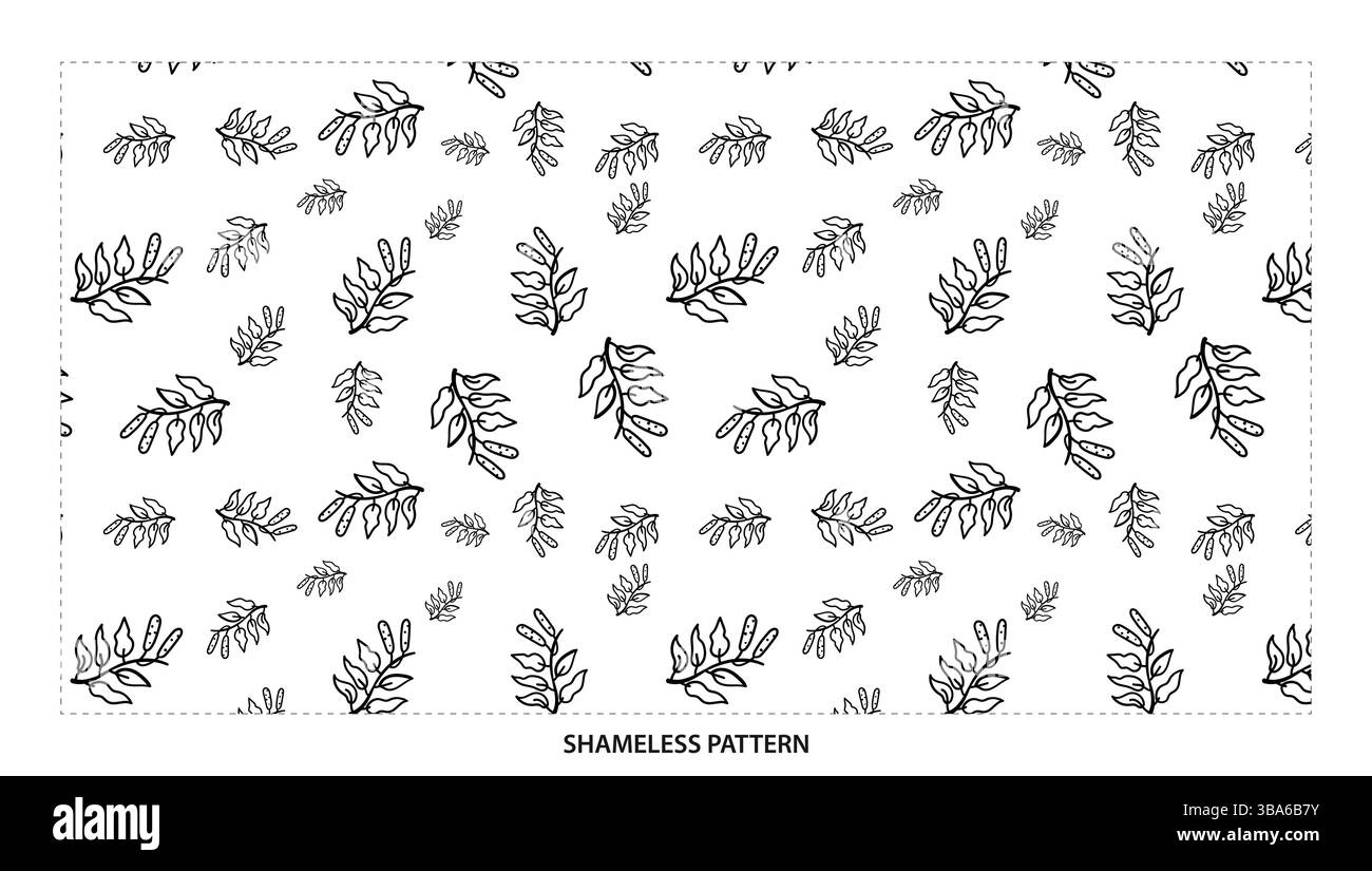 Simple Black Outline Assorted Leaf Branch Seamless Pattern for Natural ...