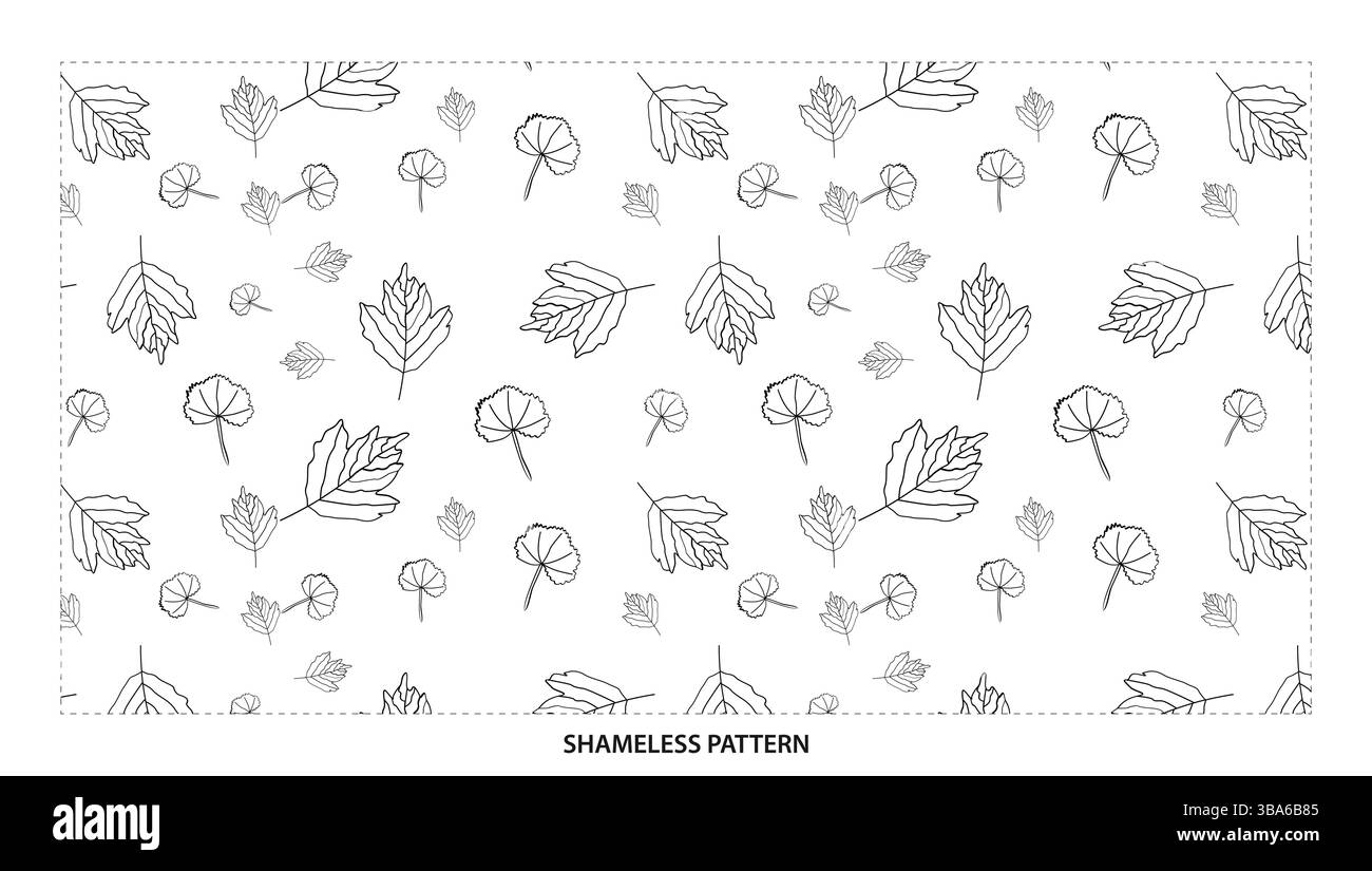 Simple Black Outline Assorted Leaf Shapes Seamless Pattern for Natural ...