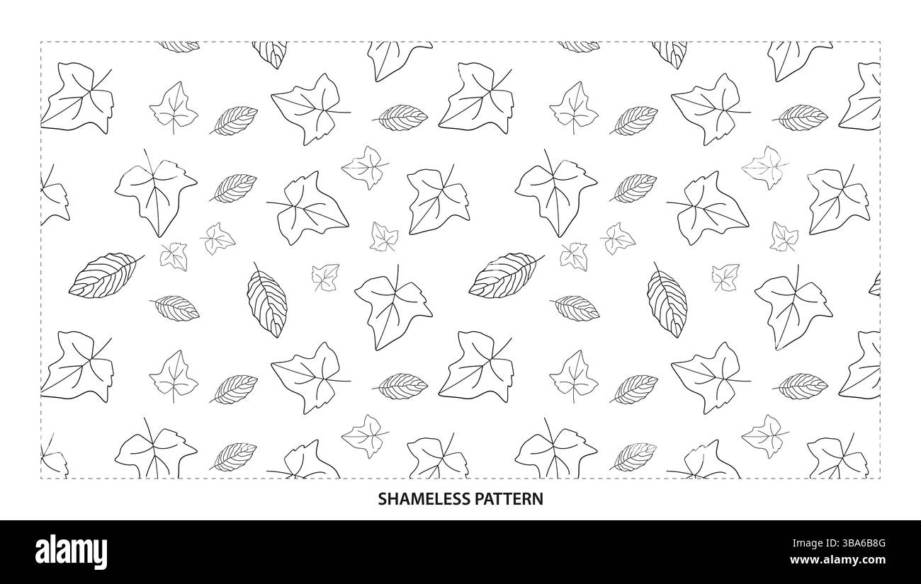 Simple Black Outline Assorted Leaf Shapes Seamless Pattern for Natural ...