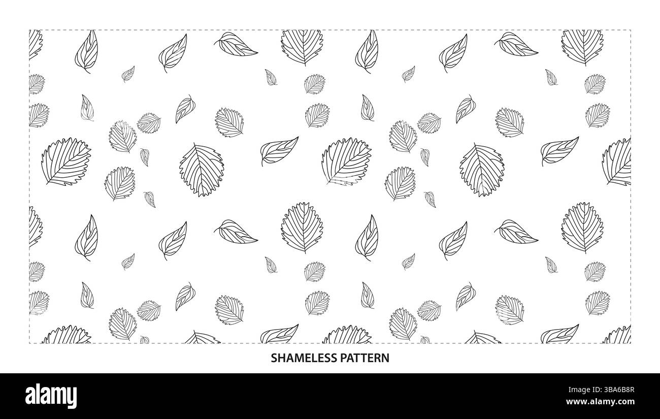 Simple Black Outline Assorted Veined Leaves Seamless Pattern for ...