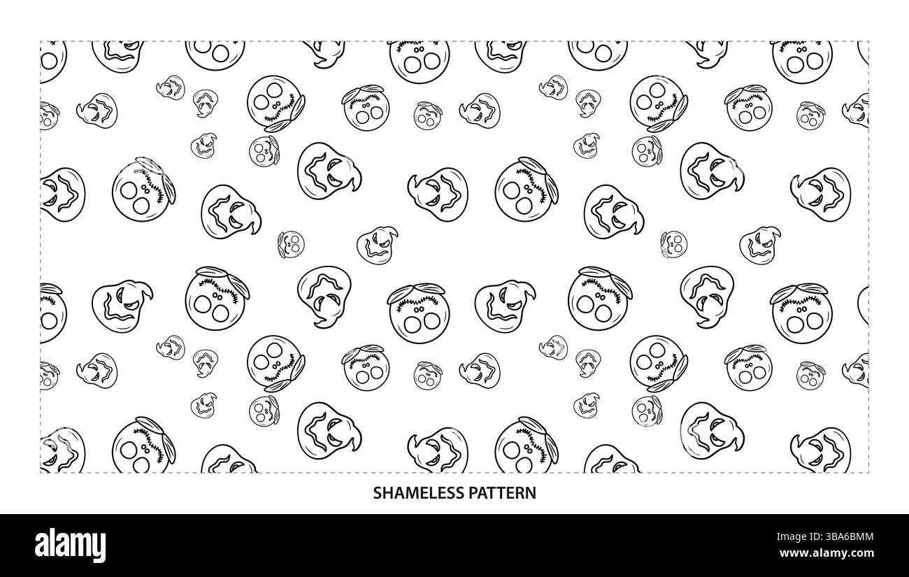 Simple Black and White Monster Face Outline Seamless Pattern for Spooky ...
