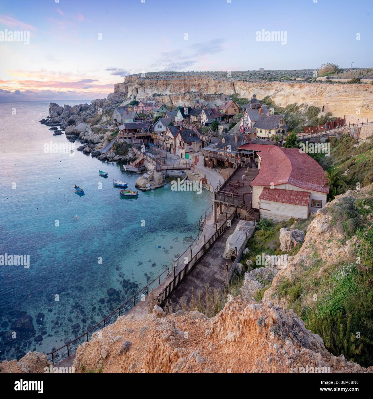 Colorful Seaside Village and Clear Bay at Sunset From Cliff Viewpoint ...