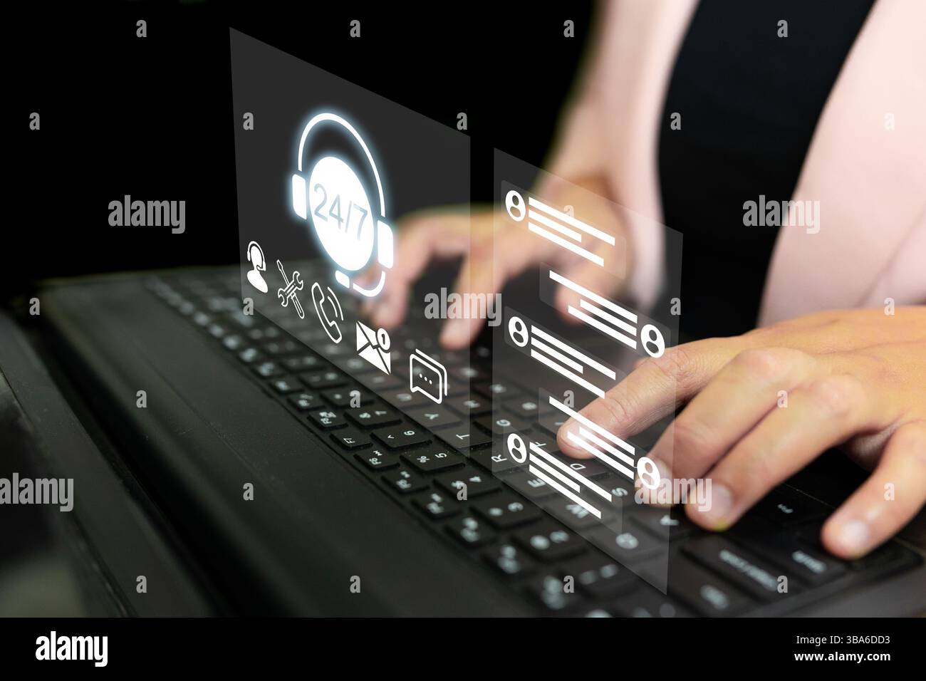 Hands on a keyboard with a digital overlay showing 24/7 customer ...