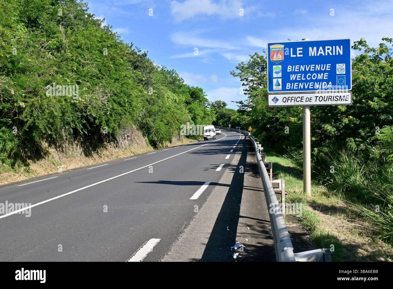 Martinique, town of Le Marin: road signs in French, English and Spanish ...