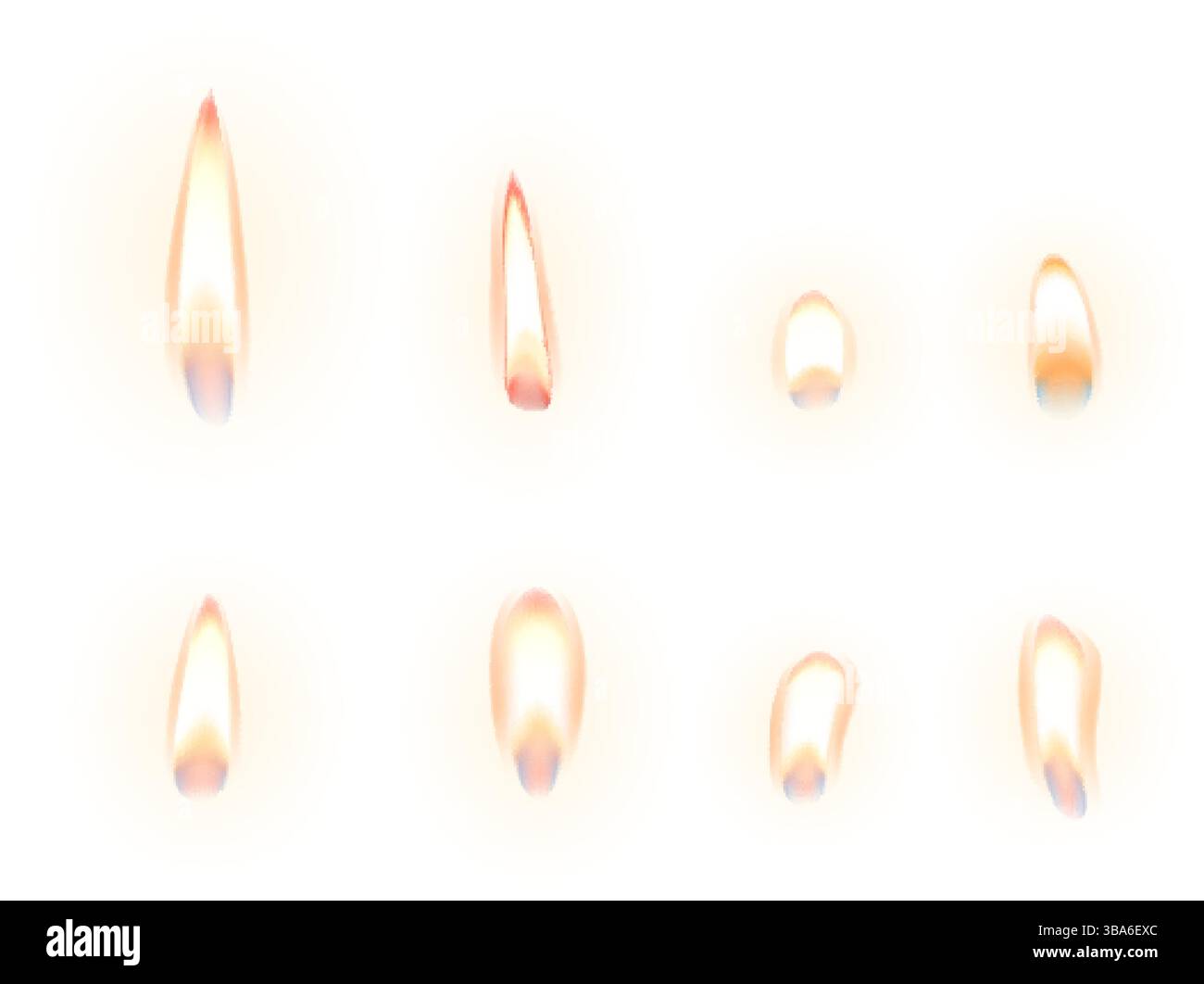 Realistic fire effects different intensity. Flame of candle, match, gas oven or heater. Isolated ...