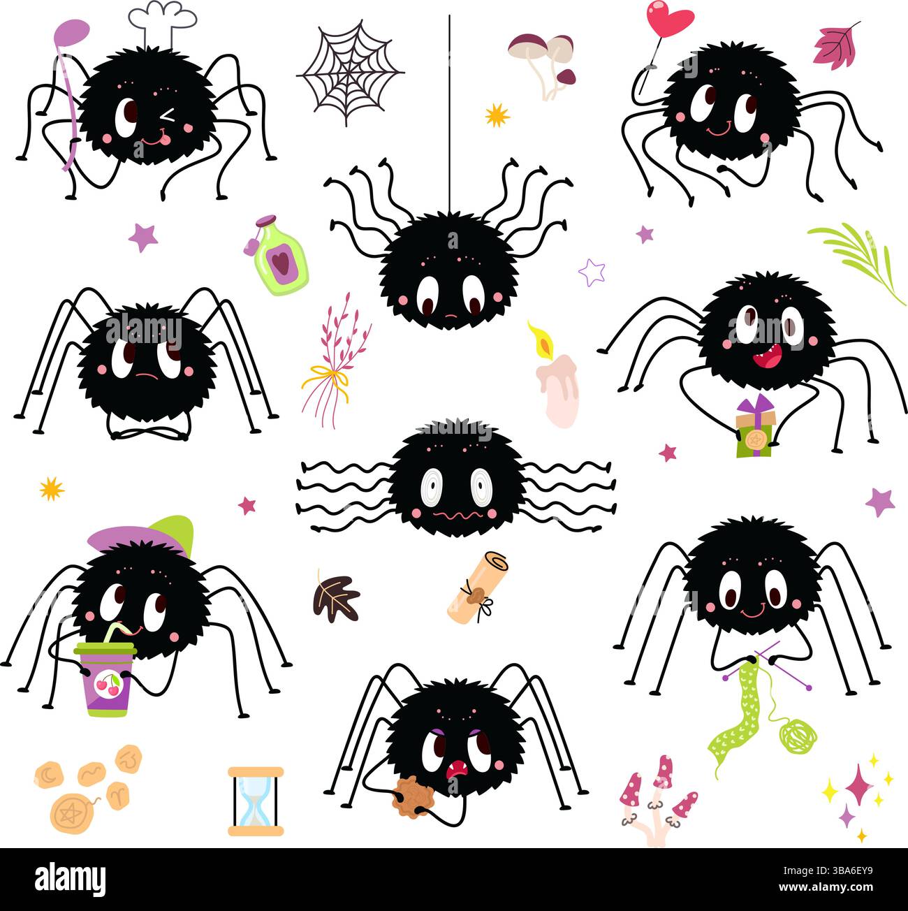 Cartoon spiders. Halloween characters. Black spider on web, holding ...