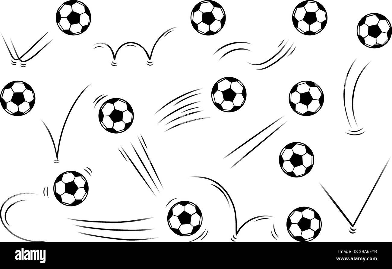 Soccer ball bounces. Flying football sport game balls, cartoon comic ...