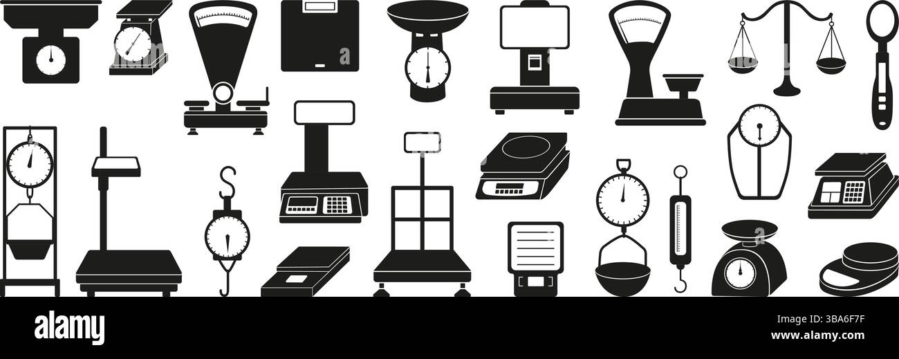 Black scales icons. Different type scale for weighing products and ...