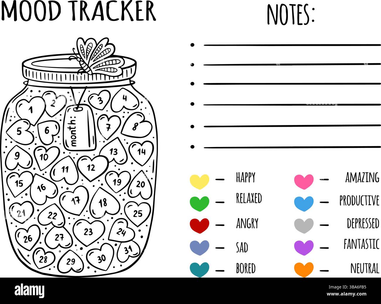 Mood tracker. Undated blank monthly planner sheet for notes on feelings ...