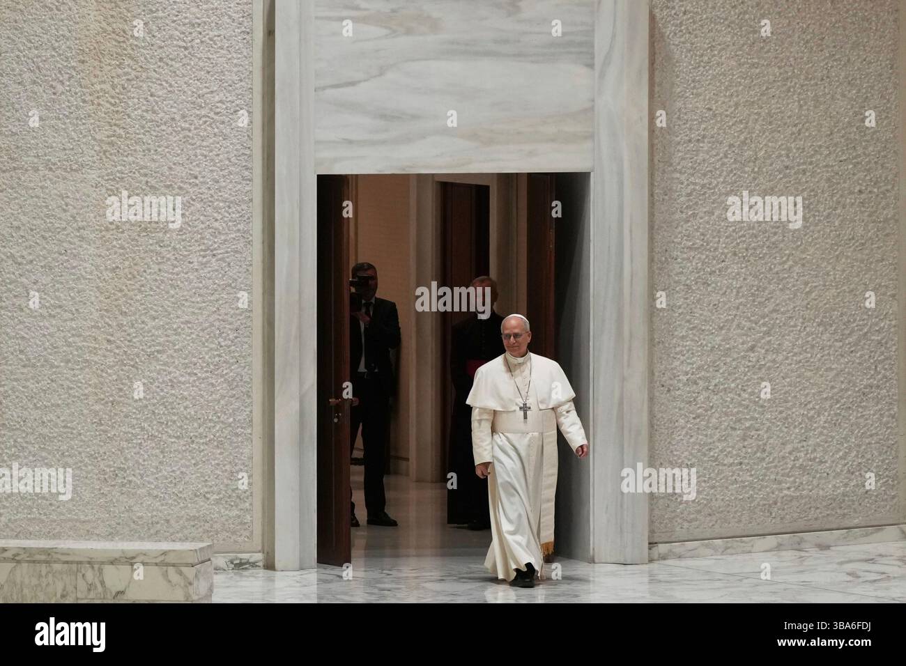 Pope Leo XIV arrives to meet with members of the international media in ...