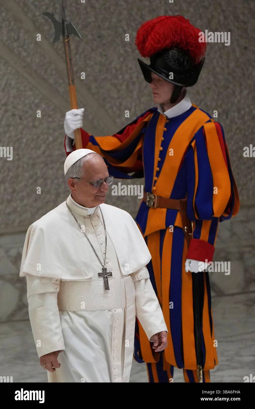 Pope Leo XIV arrives to meet with members of the international media in ...