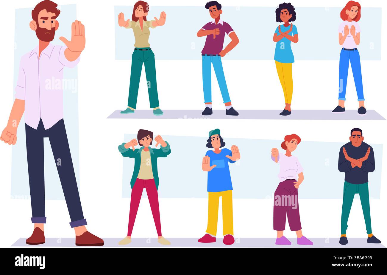Negative gestures. Emotional persons using hands gestures exact vector rejection signs Stock ...