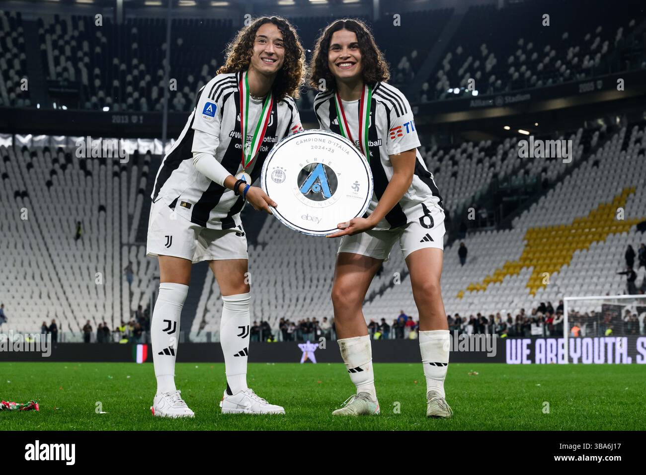 Turin, Italia. 10th May, 2025. Juventus' Eva Schatzer and Juventus' Azzurra Gallo pose with the ...