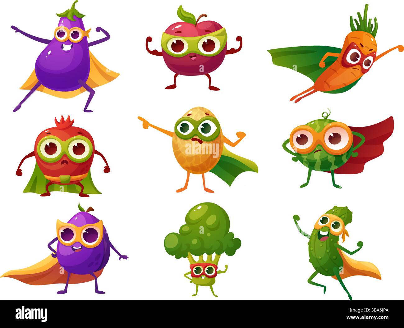 Fruits vegetables superheroes. Carrot melon broccoli plum cucumber in ...