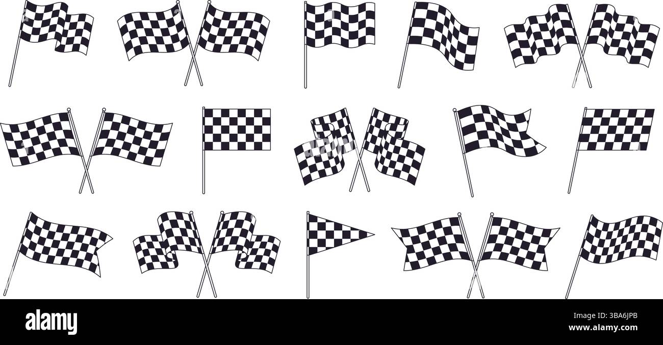 Racing flags. Checkered black white flag, start finish symbols. Rally race elements, motorsport ...
