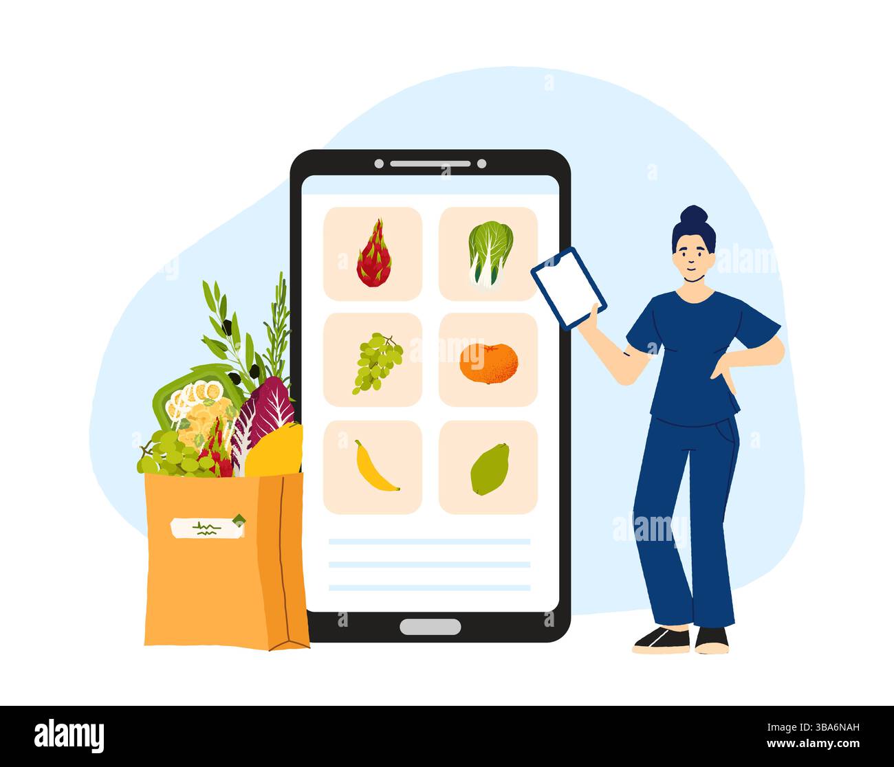 Nutritionist holding clipboard and showing smartphone with grocery ...