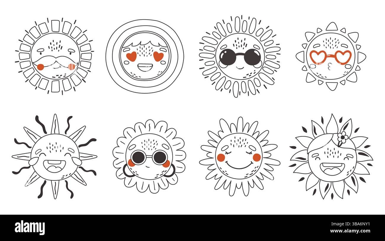 Cute sun set collection, Happy sun vector, Summer sunshine set, cards ...