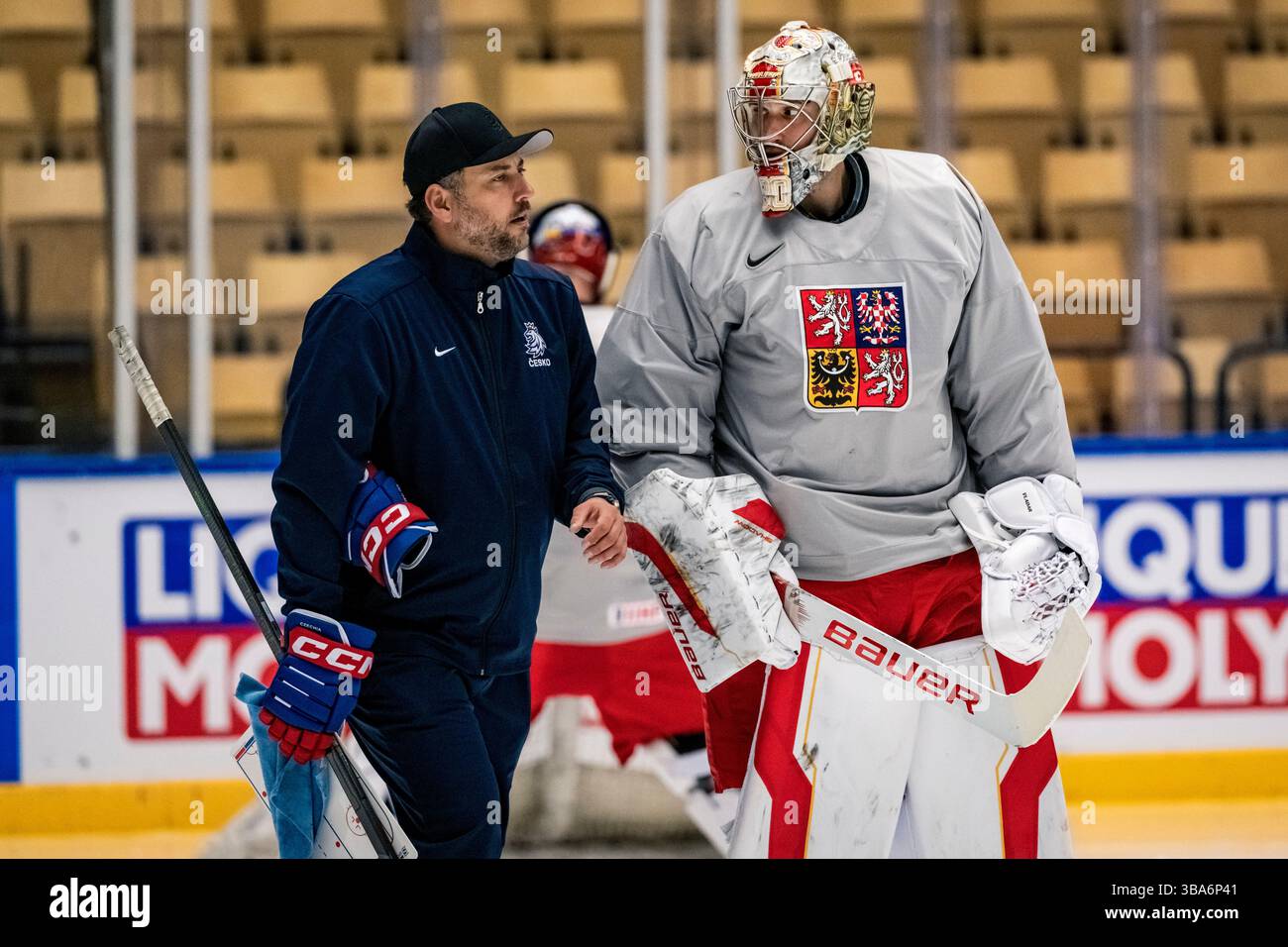 Herning, Denmark. 12th May, 2025. L-R Goaltending coach Ondrej Pavelec ...