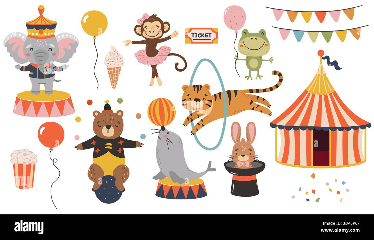 Circus animals clipart, Circus set collection vector, Cute animals, big ...