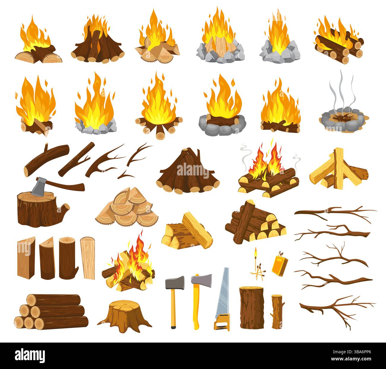 Collection of campfires, logs, branches, lumberjack tools axe, saw ...