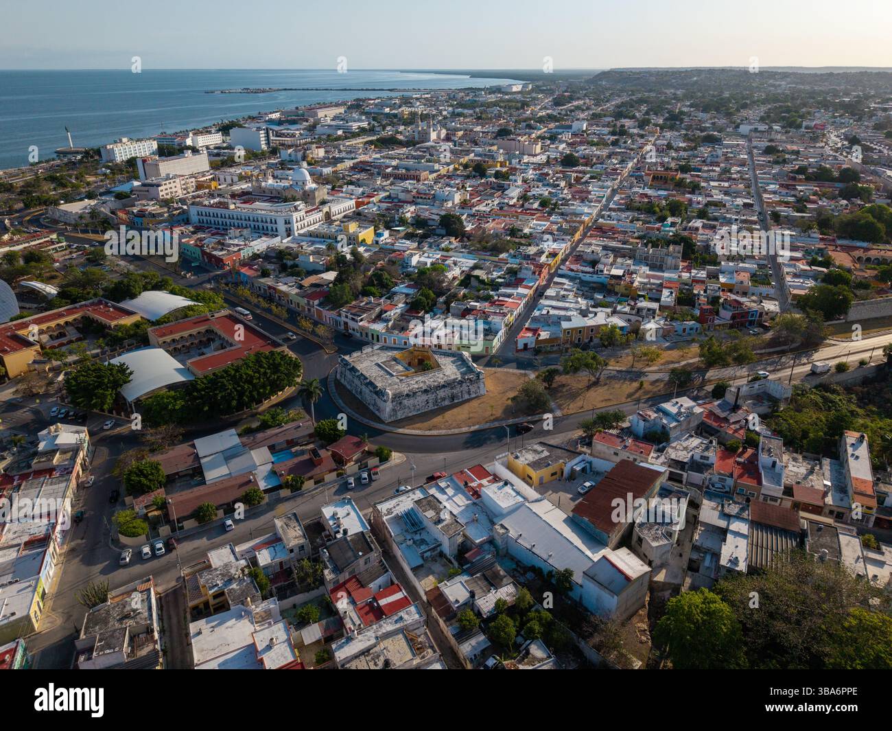 Aerial view of the old colonial town, city walls and forts of Campeche ...