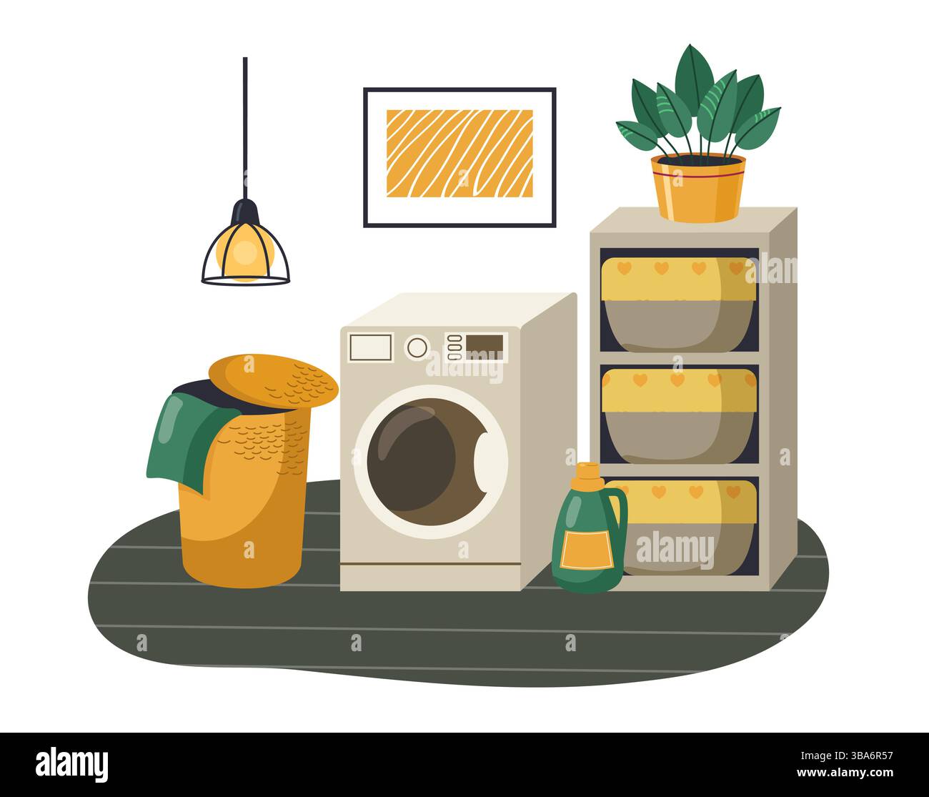 Modern laundry room setup with washing machine and basket, storage ...