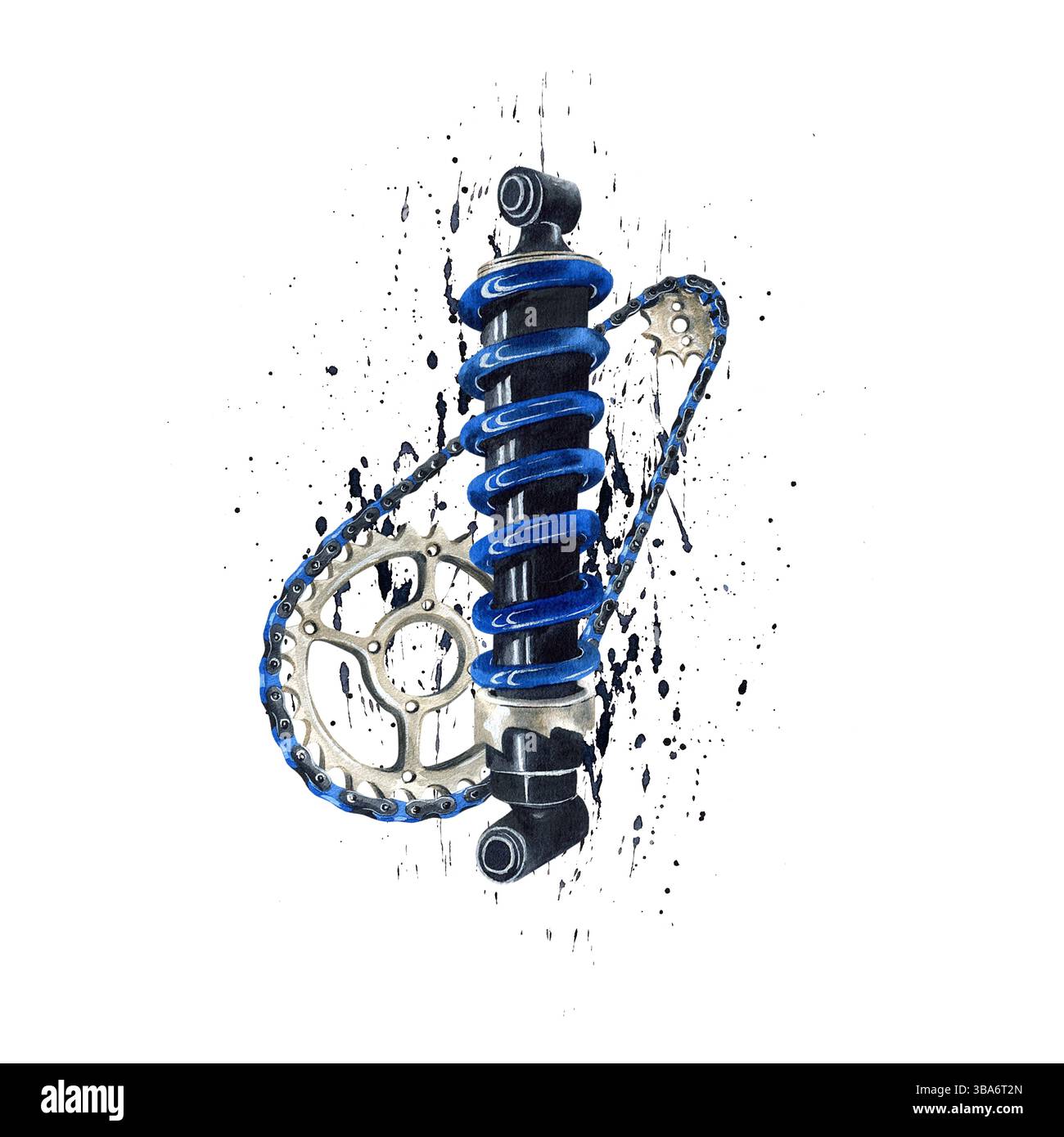 Motorbike chain, shock absorber, damper on watercolor black splatters ...