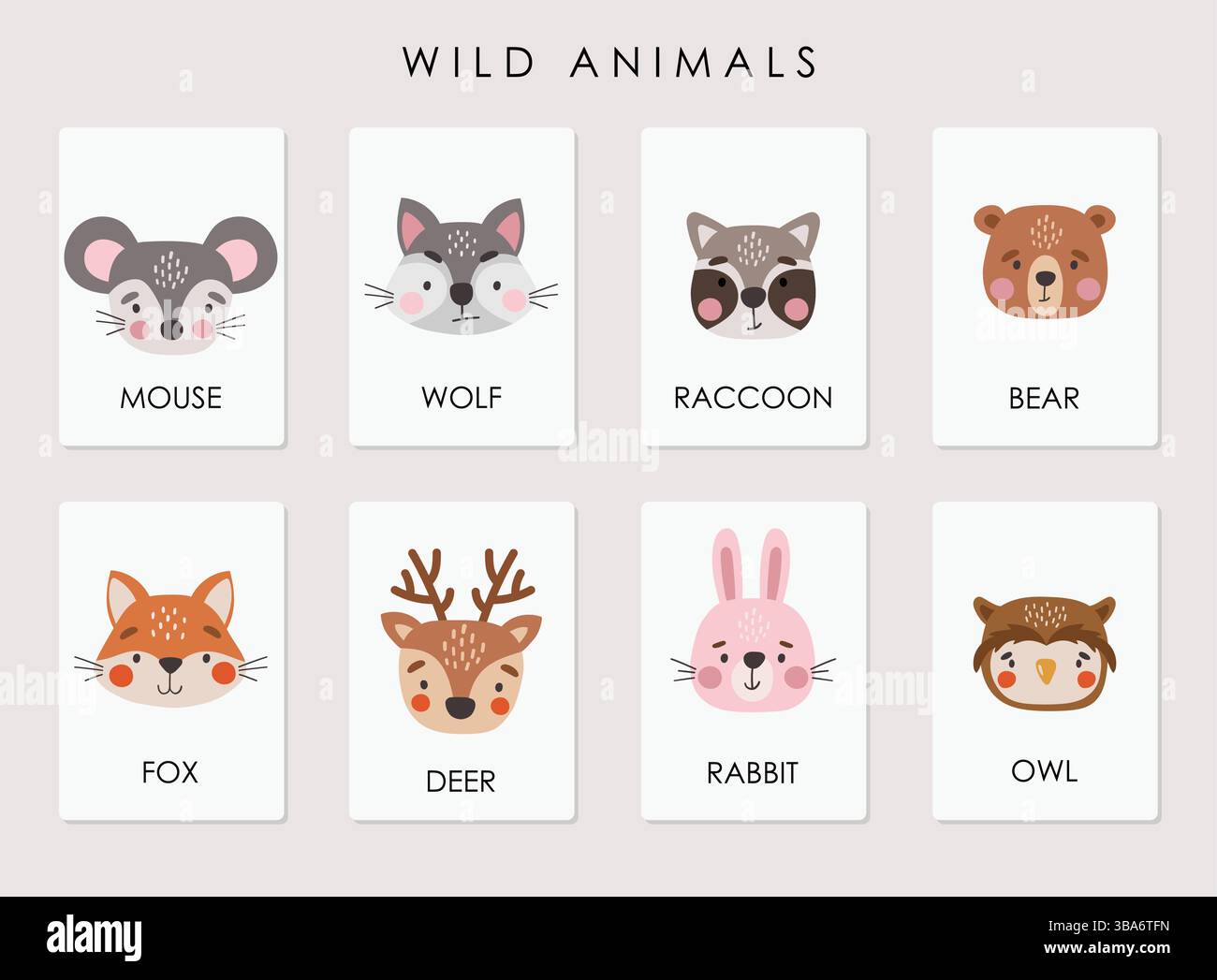 Wild animals set isolated, cute forest animals, kids cartoon illustration, educational cards ...