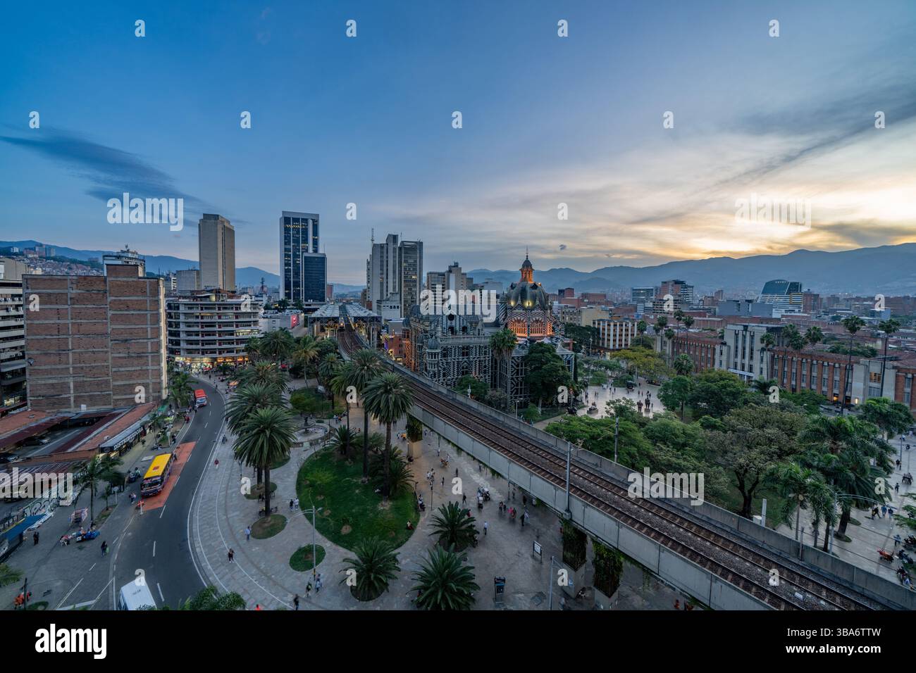Early evening twilight as the lights come on in Medellin, Colombia ...