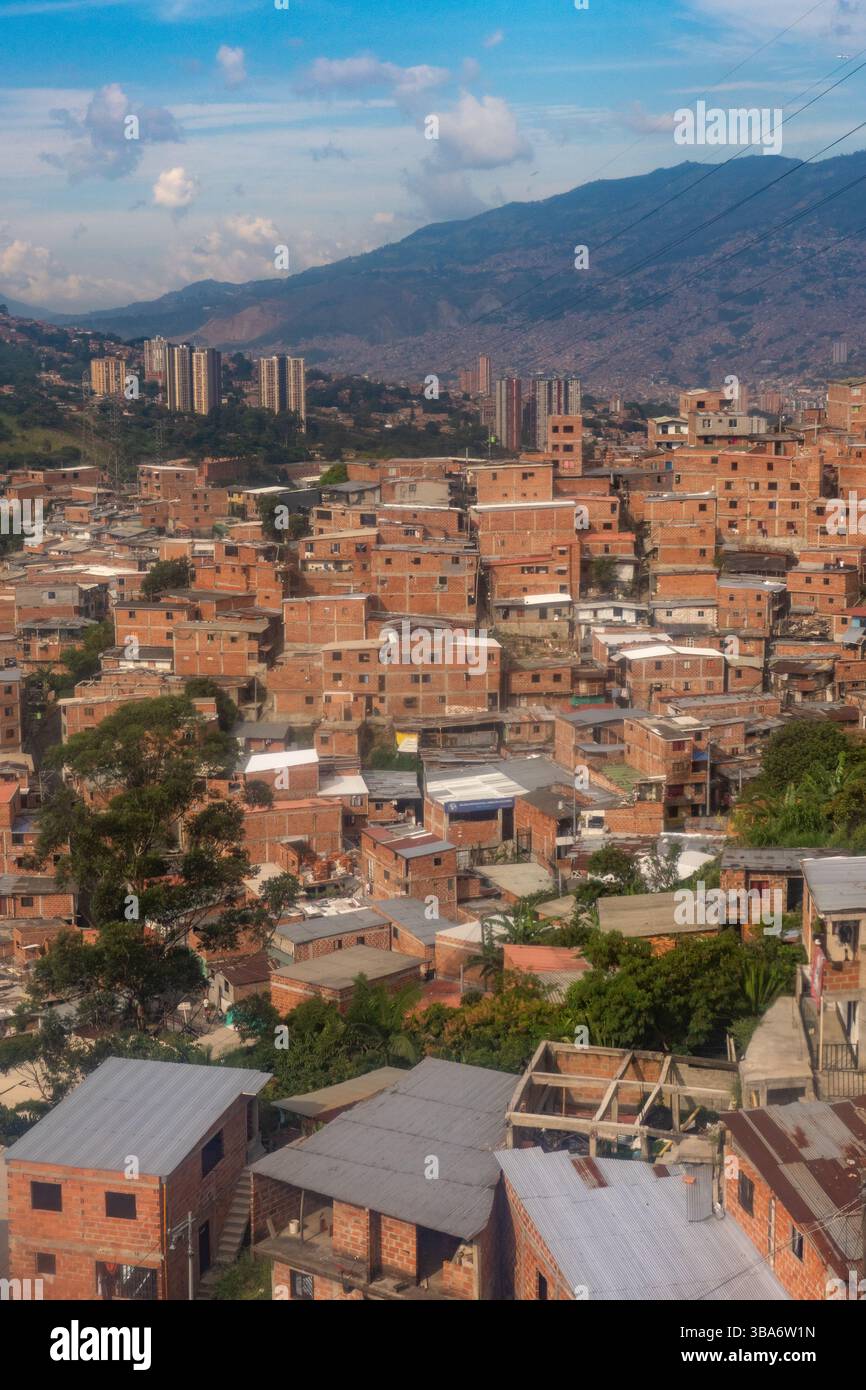 View of the hillside slums of El Moro, Comuna 13, from Santa Margarita ...