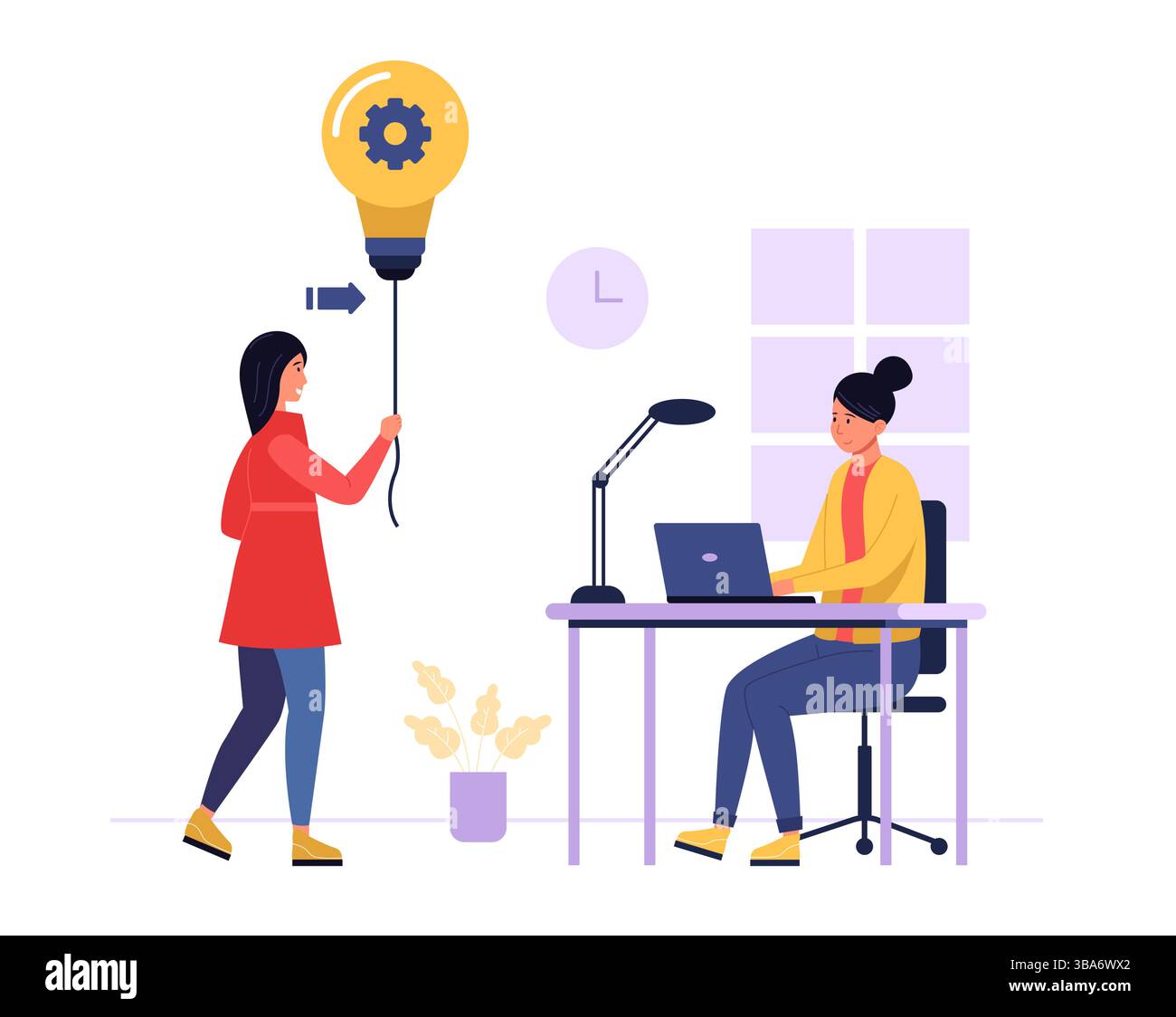 Two female colleagues collaborating in office. Woman holds light bulb ...