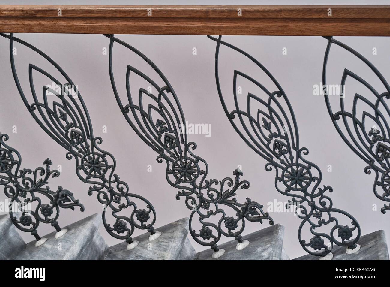 Close-up of elegant wrought iron stair railing with intricate floral ...