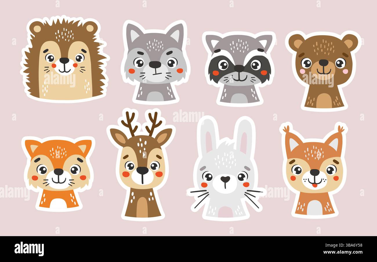 Wild animals Stickers, cute forest animals, kids vector cartoon ...