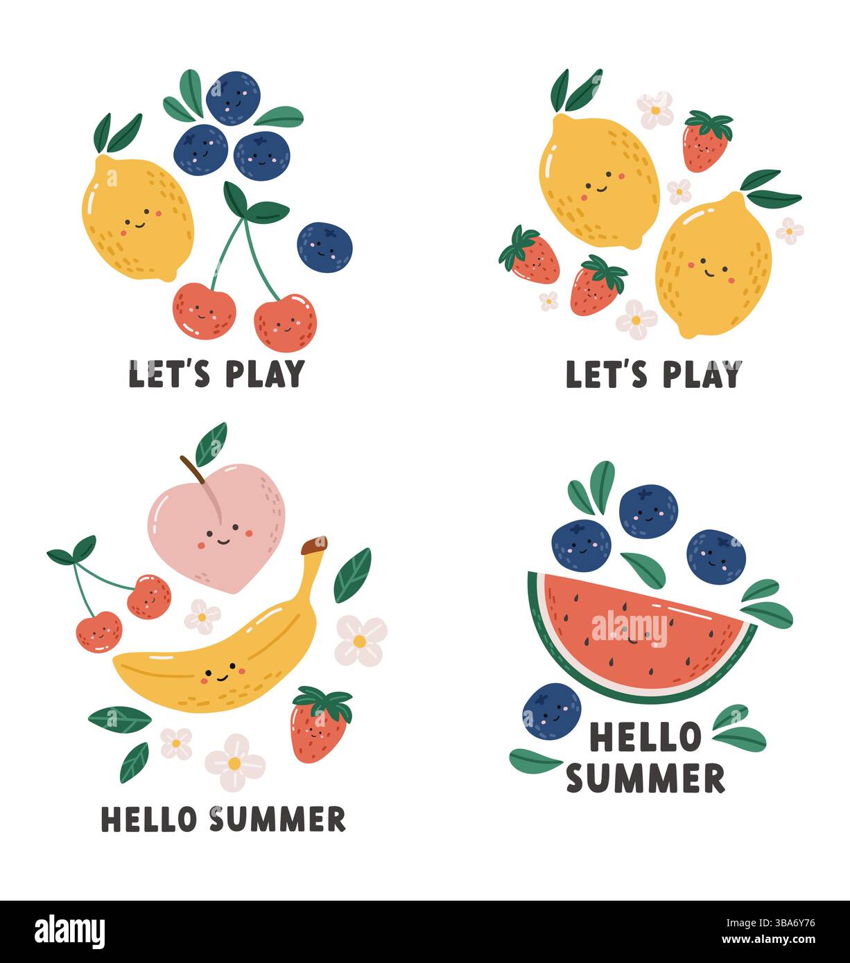 Doodle fruits set Illustration, kawaii fruits composition, Clipart set ...