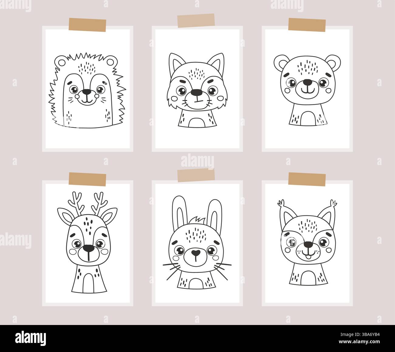 Wild line animals posters, cute forest animals coloring, kids vector ...