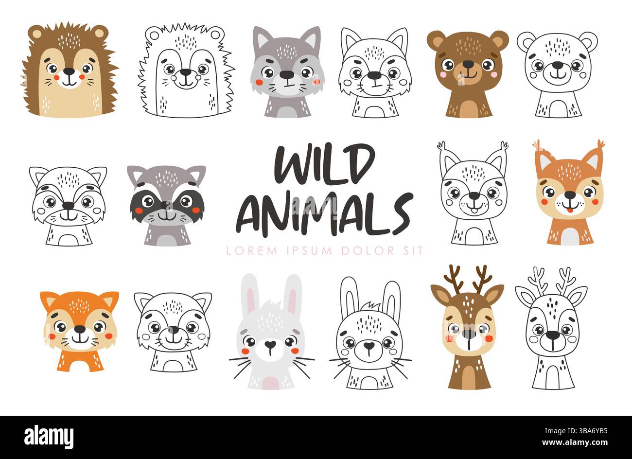 Wild animals set isolated, cute forest animals, kids vector cartoon, forest set Stock Vector ...