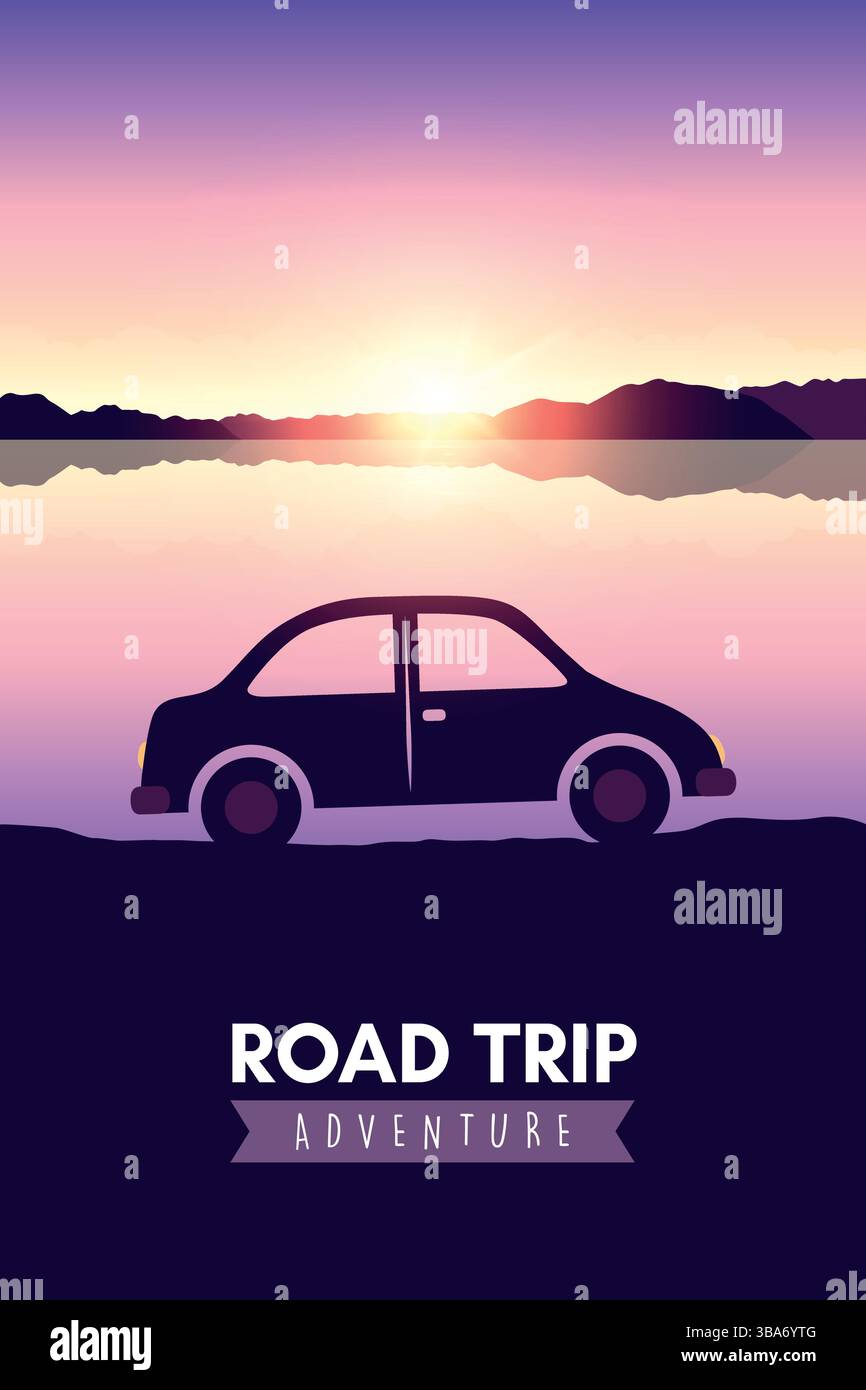 road trip adventure car silhouette by lake at sunset vector ...