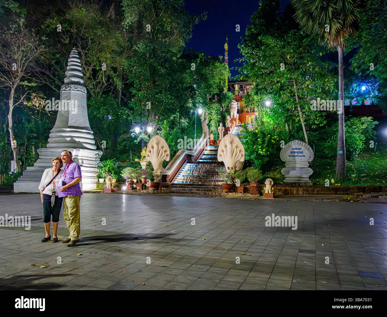 The entrance to the Wat Phnom Daun Penh Mountain Pagoda - night view ...