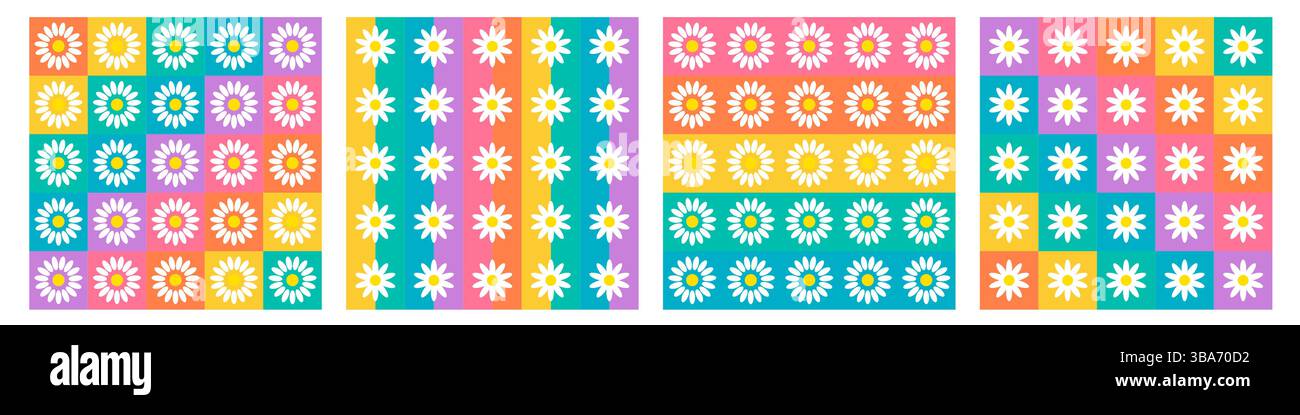 Rainbow color checkerboard seamless pattern collection with daisy ...