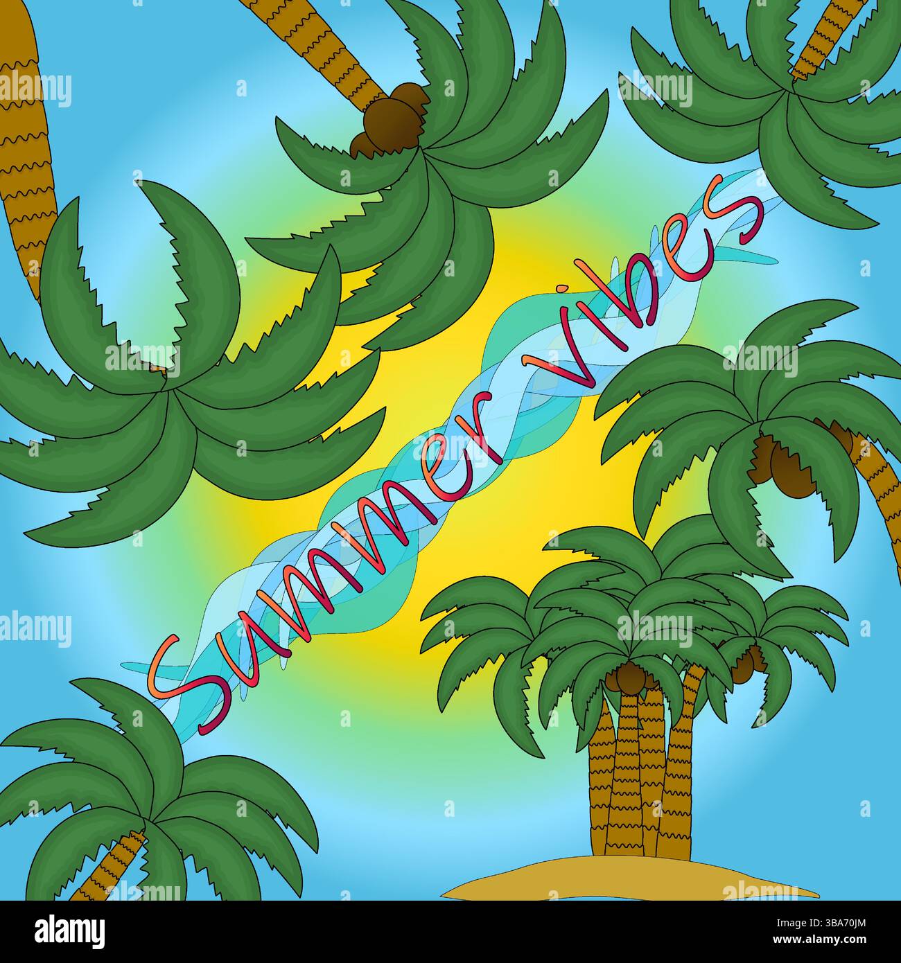 Greeting card illustration with a scene of a tropical island, palm trees, coconuts and ocean ...